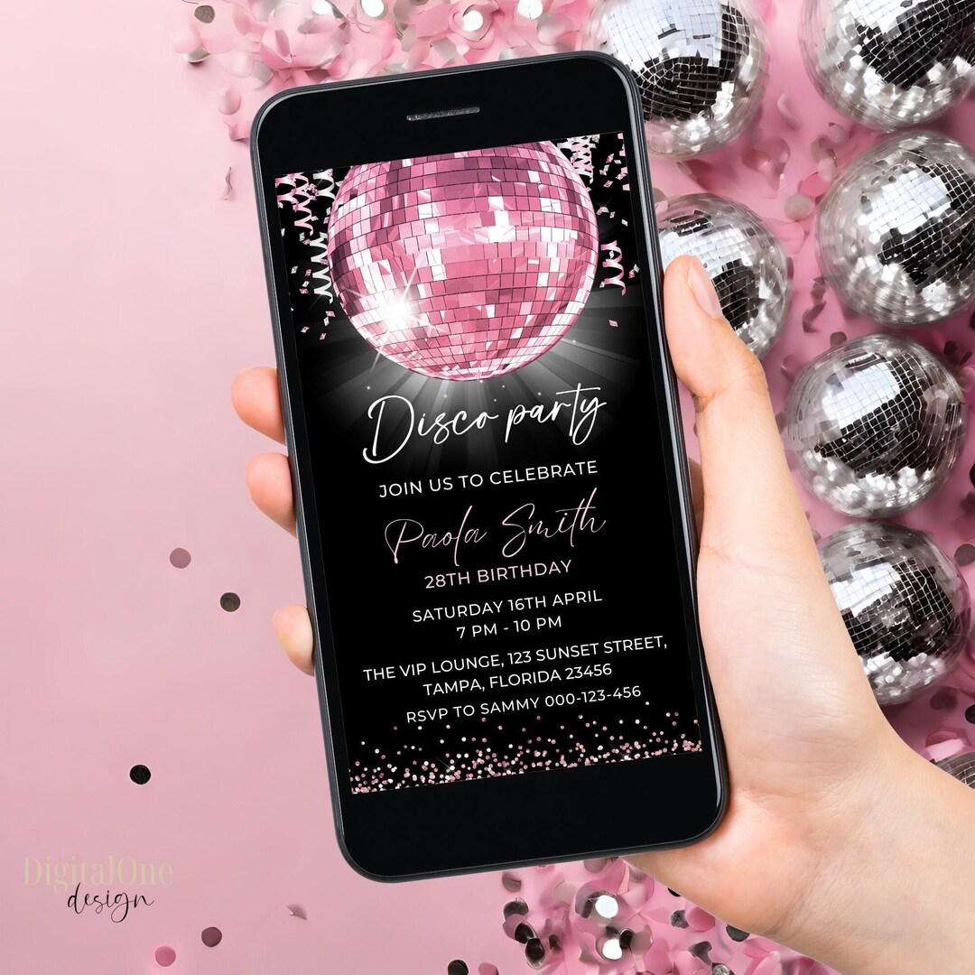 Disco Party Birthday Invitation, 80s Disco Dance Party, Pink Glitter ...