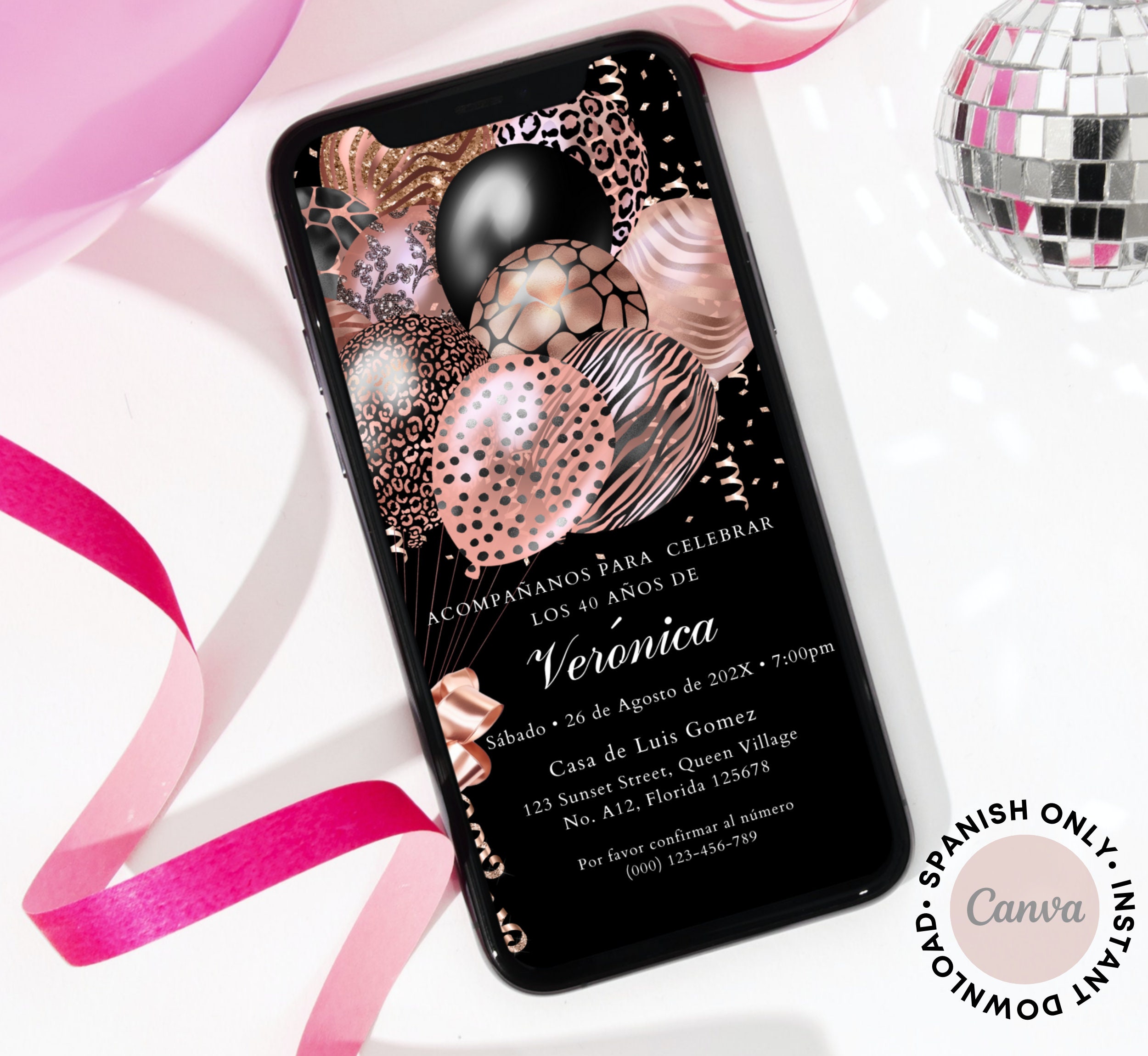 Spanish Birthday Party Invitation, Rose Gold Zafari Balloons, Any Age ...