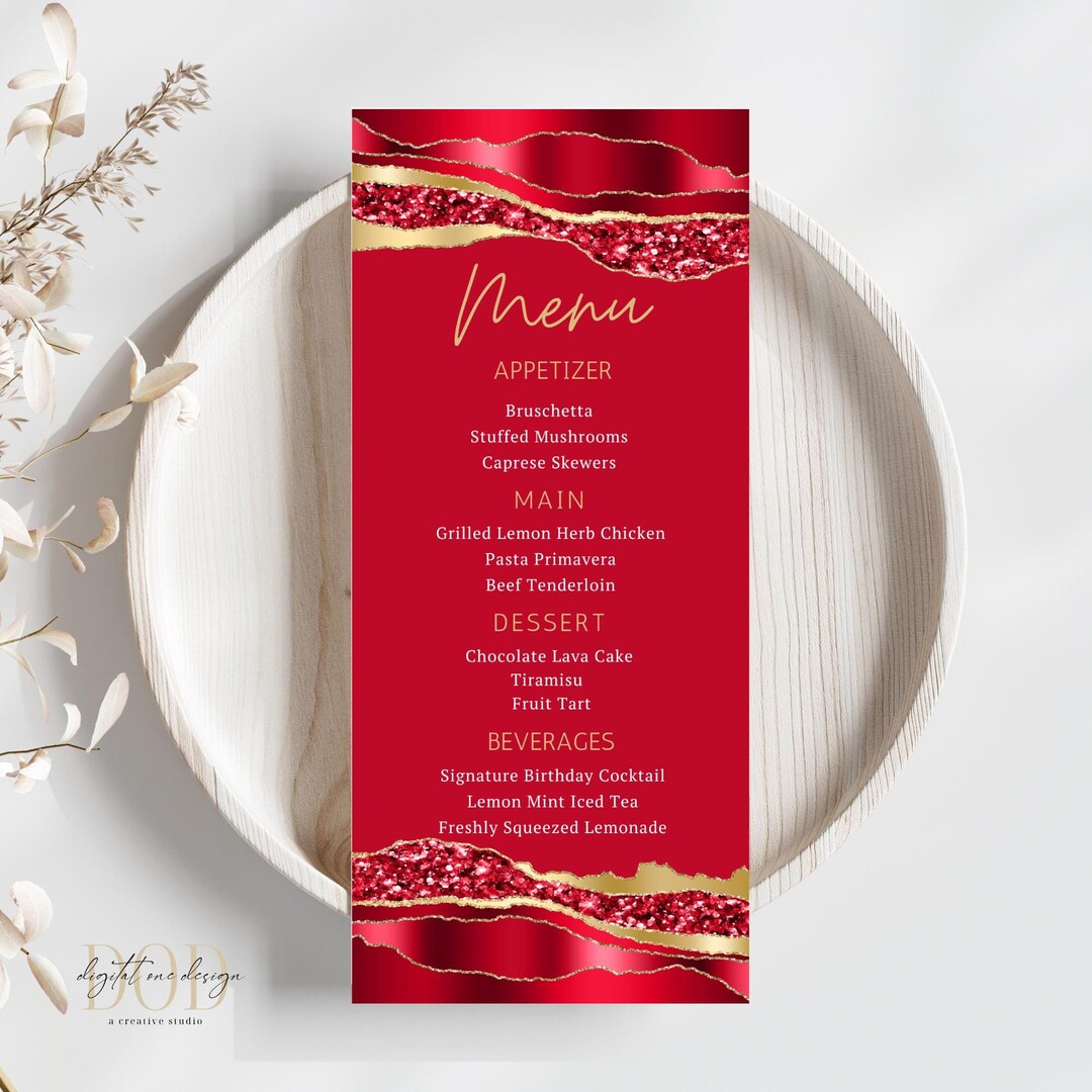Red and Gold Menu Card Template, Red Birthday Dinner Menu, Special ...