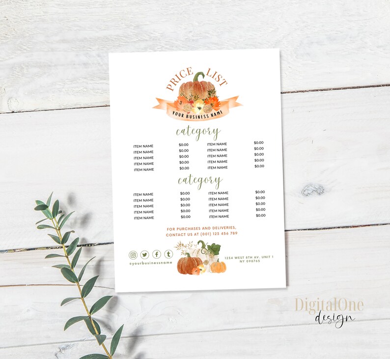Pumpkin Price List Template, Bakery Menu Template, Autumn Fall Menu ...