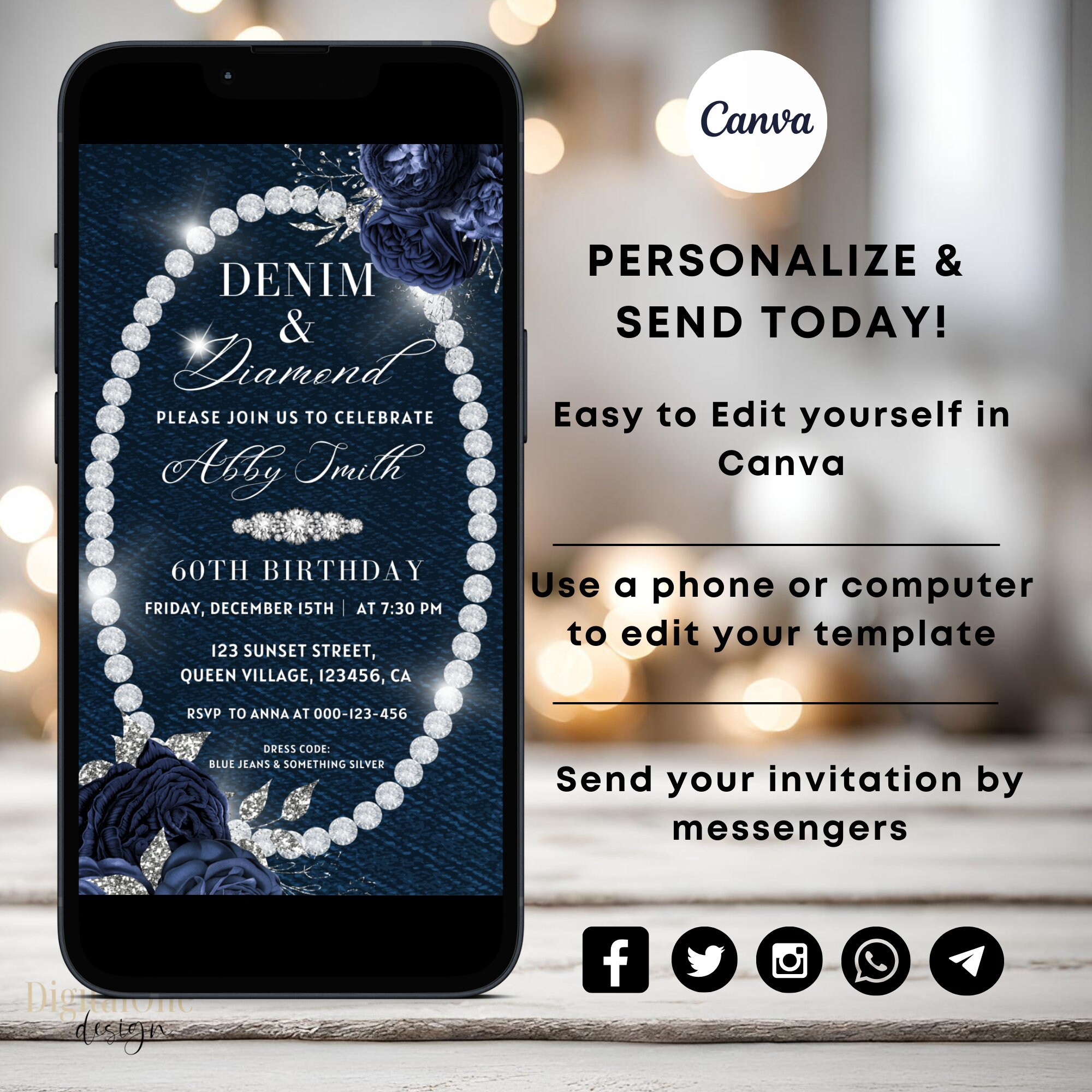 Editable Denim and Diamonds Birthday Invitation, Blue Jeans Bling Party ...