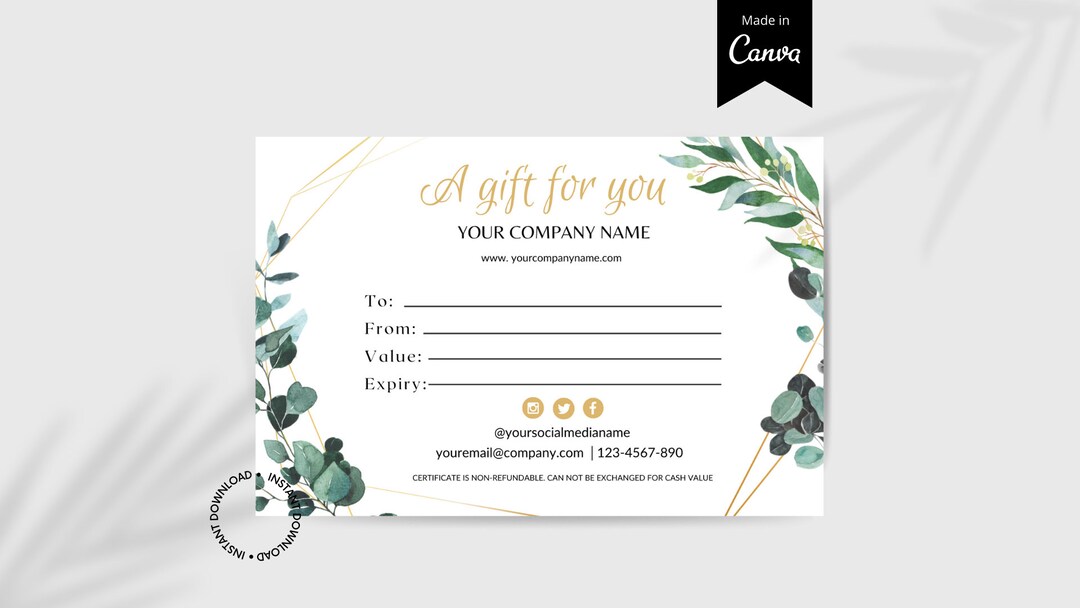 Greenery Gift Certificate Template, Gift Card Template Canva ...