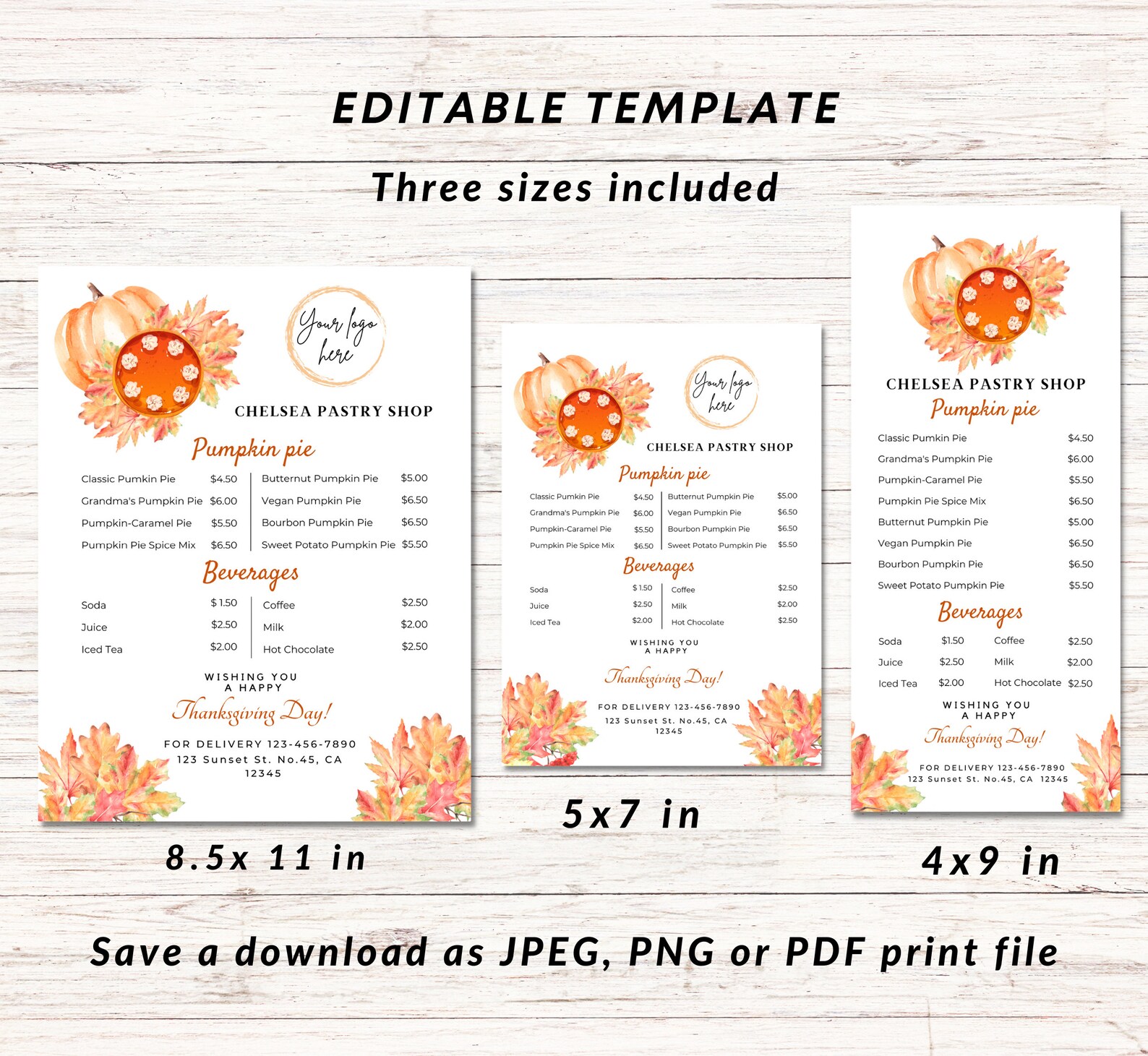 Fall Pumpkin Price List, Editable Menu Template, Pumpkin Pie, Instant ...