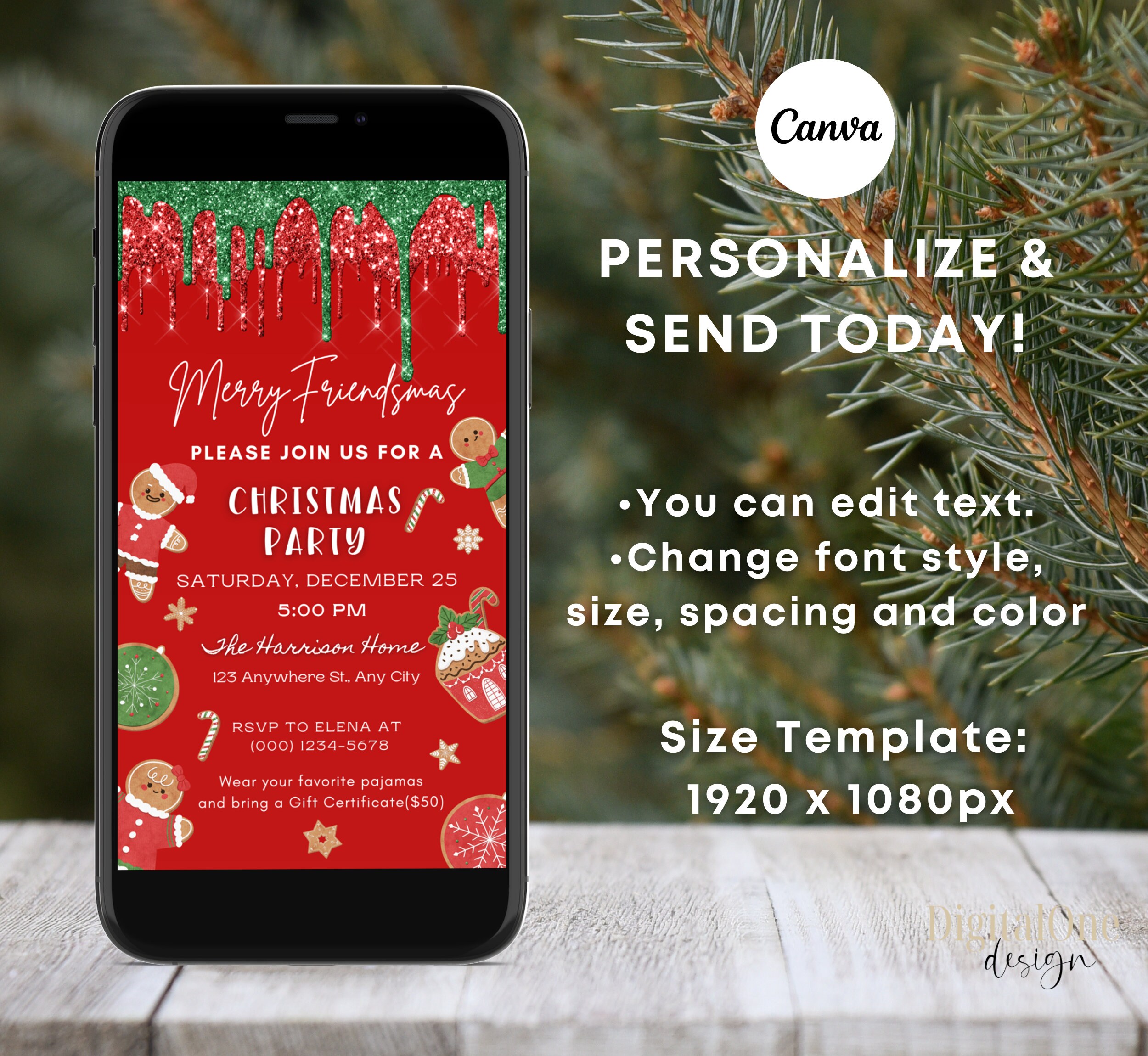 Merry Friendsmas Party Invitation, Gingerbread Christmas Holiday ...