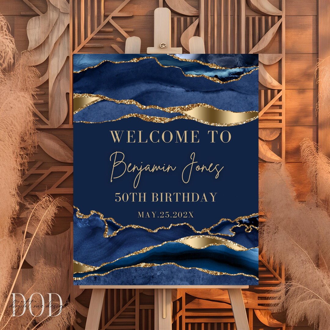 Navy and Gold Welcome Sign Birthday Welcome Poster Navy Blue and Gold ...