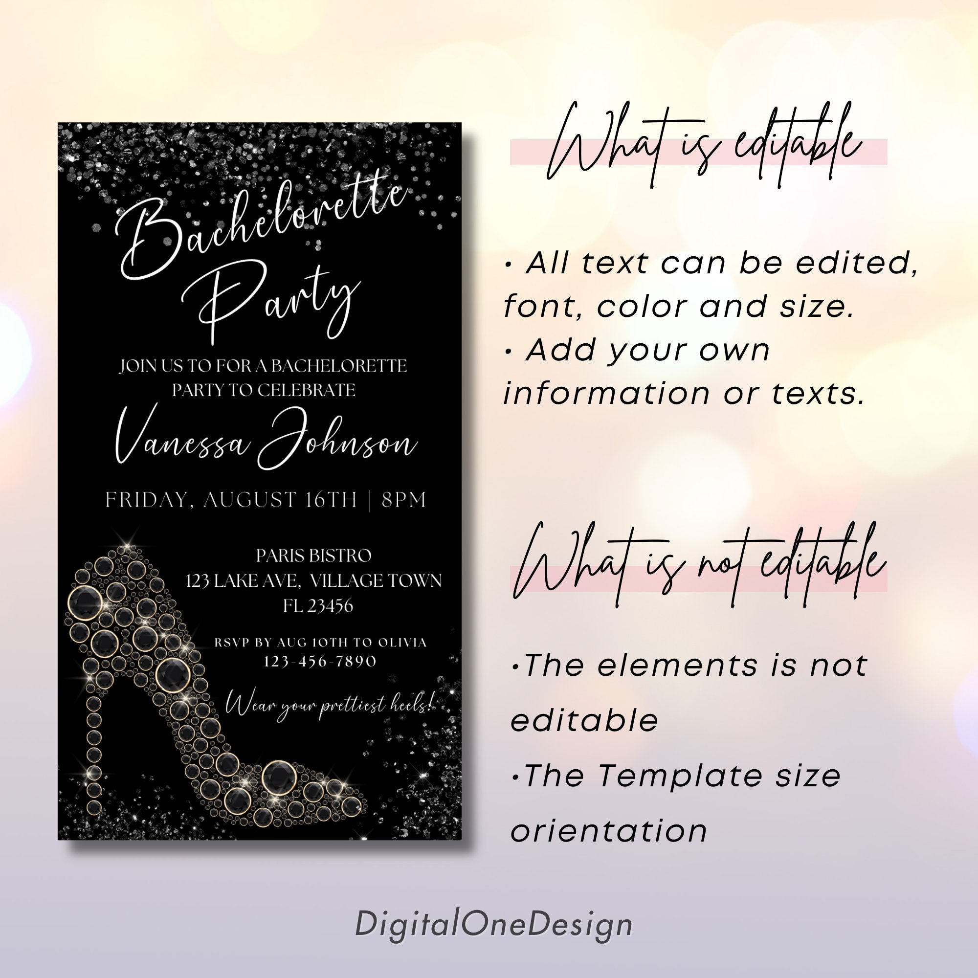 Editable Bachelorette Party Invitation Digital, Elegant High Heel With ...