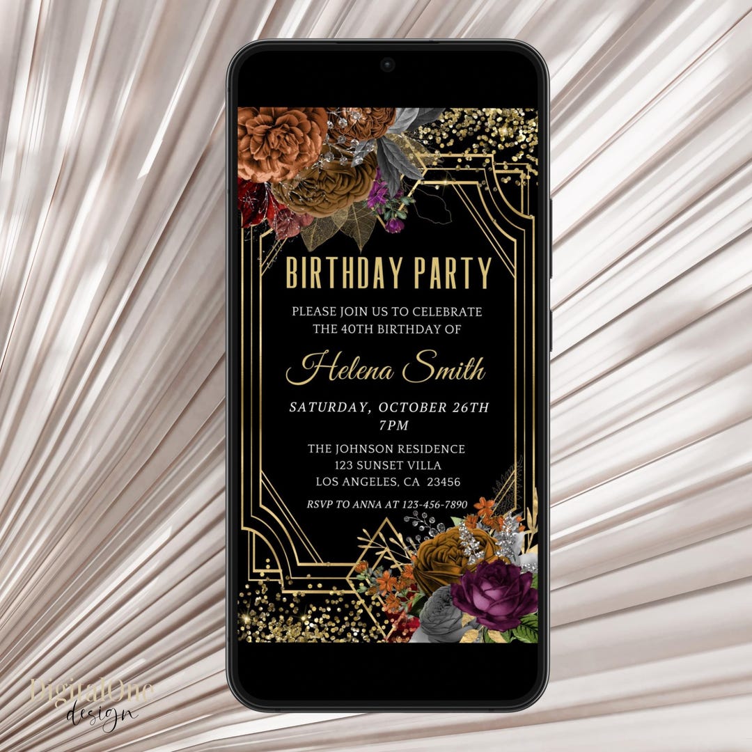 Editable Art Deco Floral Birthday Party Invitation, Fall Floral Gold ...