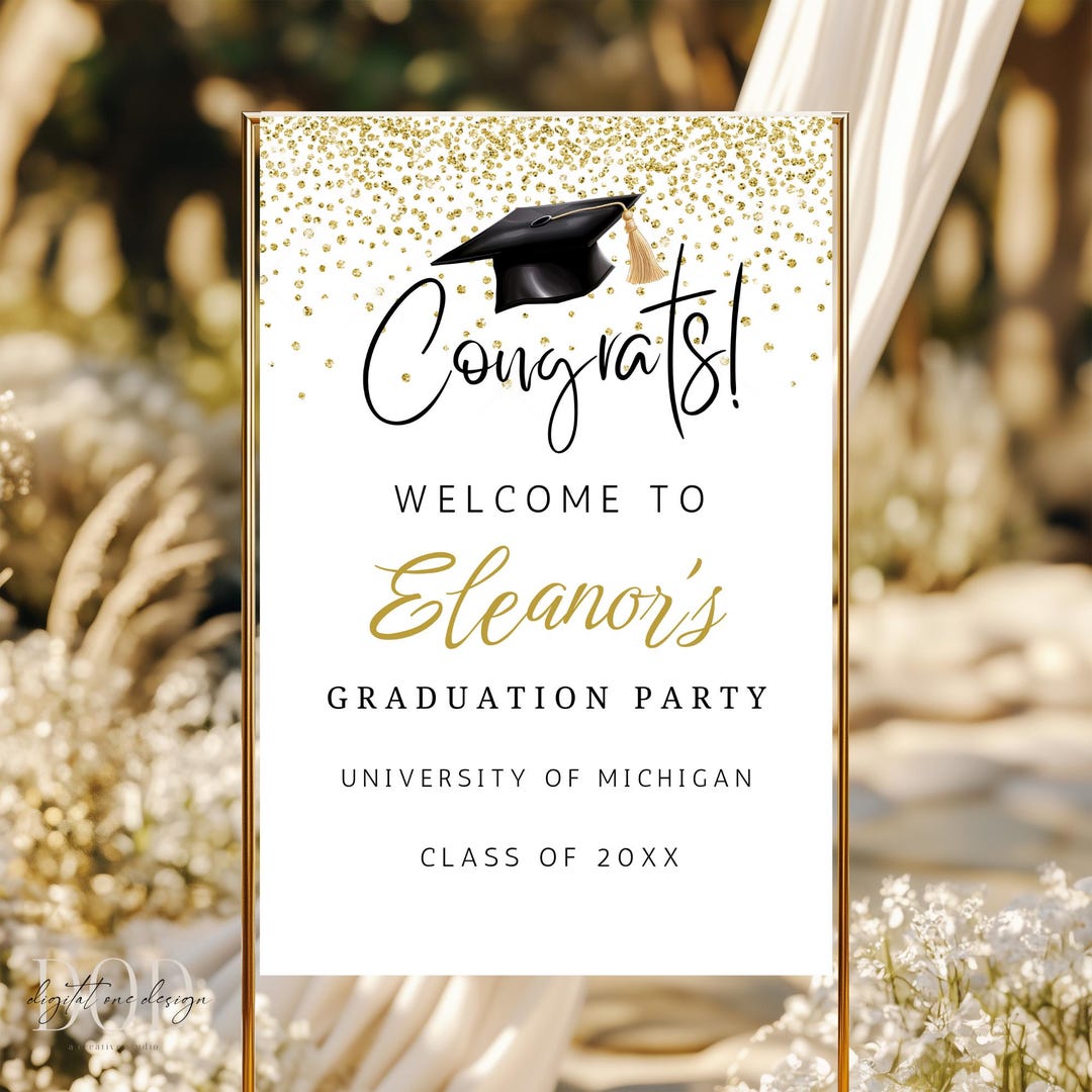Editable Congrats Graduation Party Welcome Sign, Gold Confetti and Gra ...