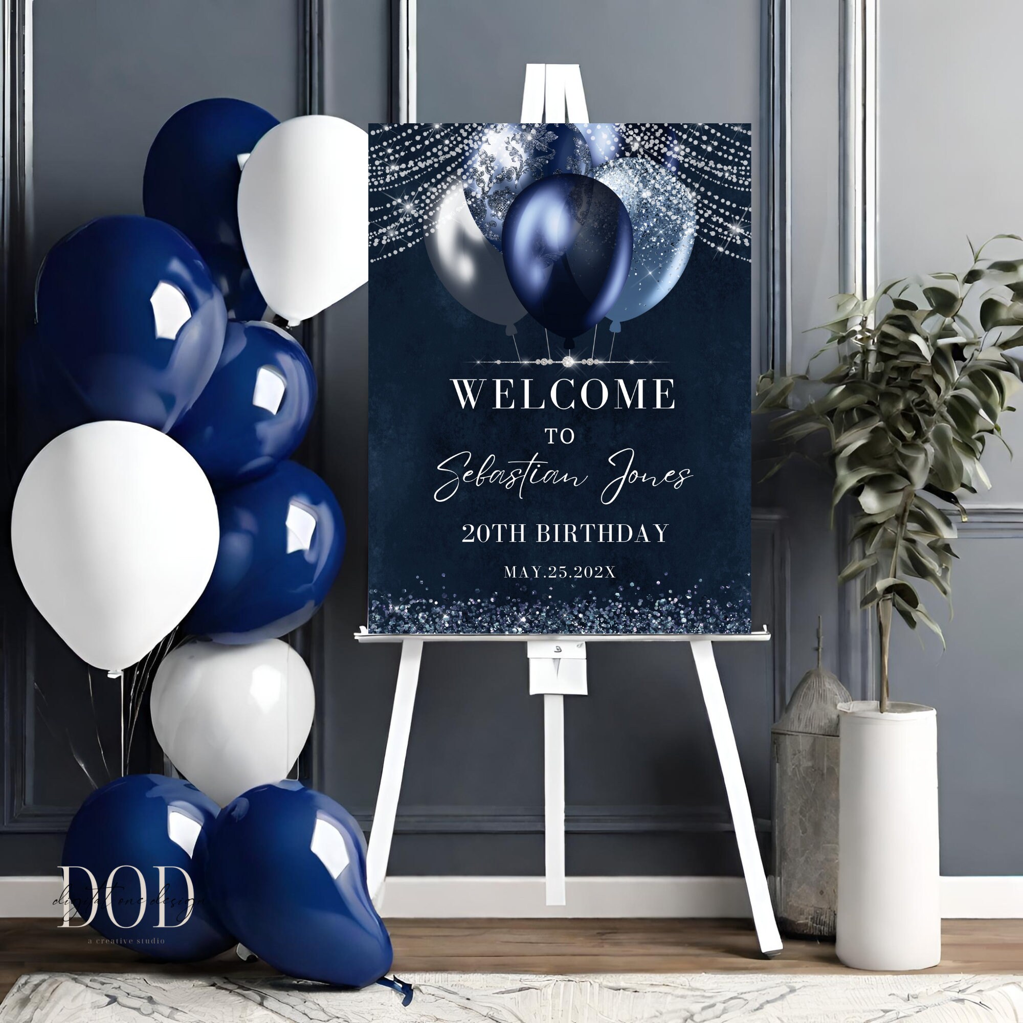 Editable Birthday Welcome Sign, Navy and Silver Balloon Design ...