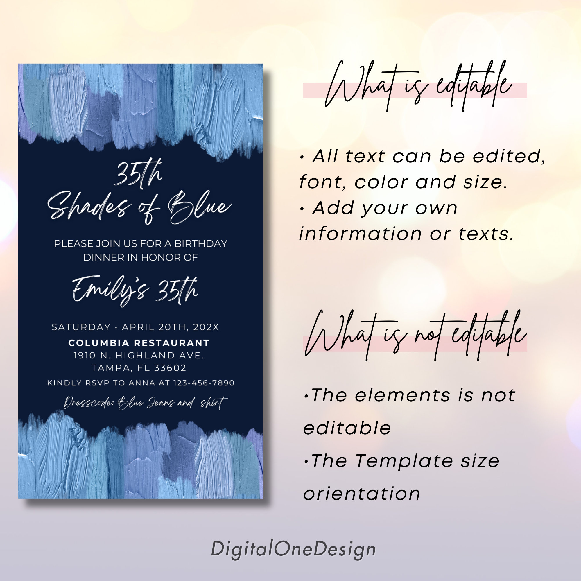 Shades of Blue Birthday Invitation Digital, Paint Brush Stroke Shades ...