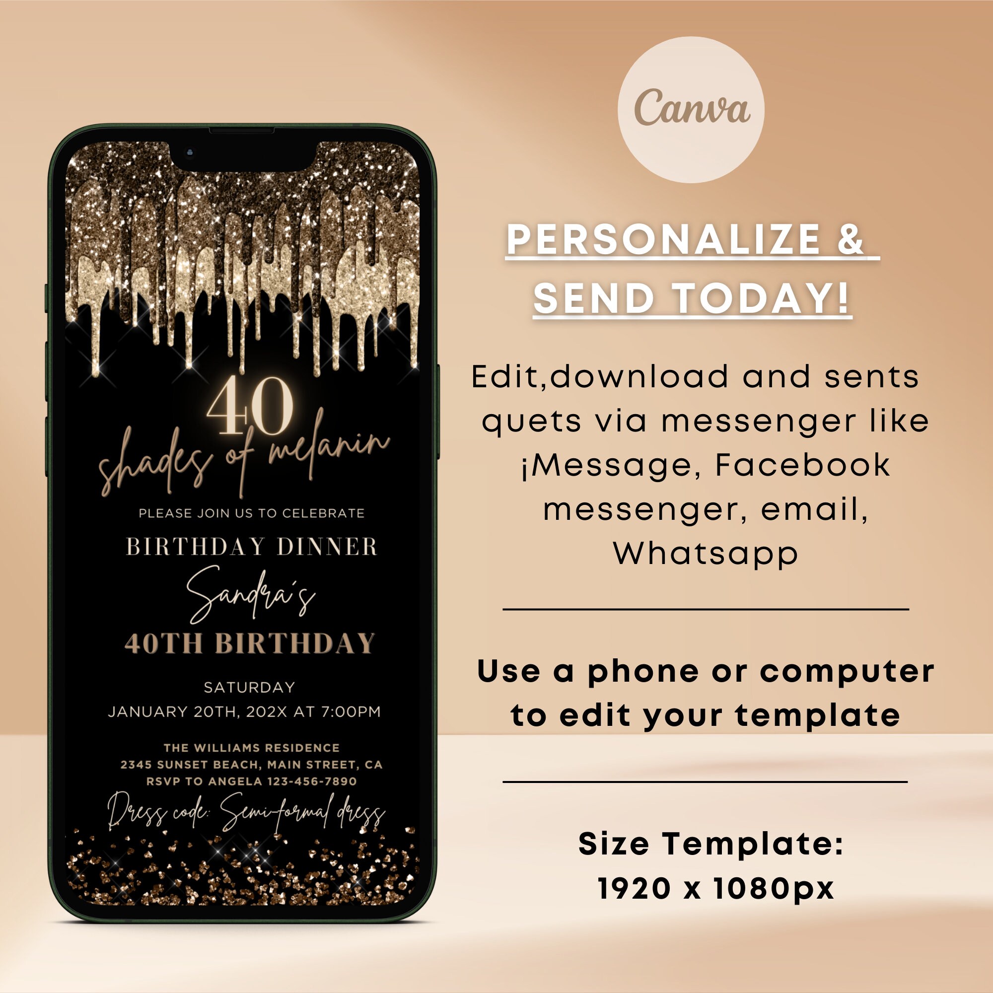 Editable Shades of Melanin Birthday Invitation, Glitter Dripping Shades ...