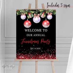 Friendsmas Annual Party Welcome Sign, Elegant Red and Silver Ornaments ...