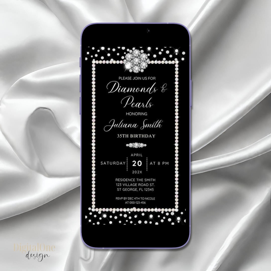 Diamonds and Pearls Birthday Party Invitation, Black Elegant Any ...