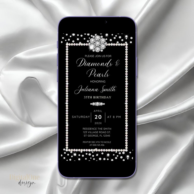 Diamonds and Pearls Birthday Party Invitation, Black Elegant Any ...
