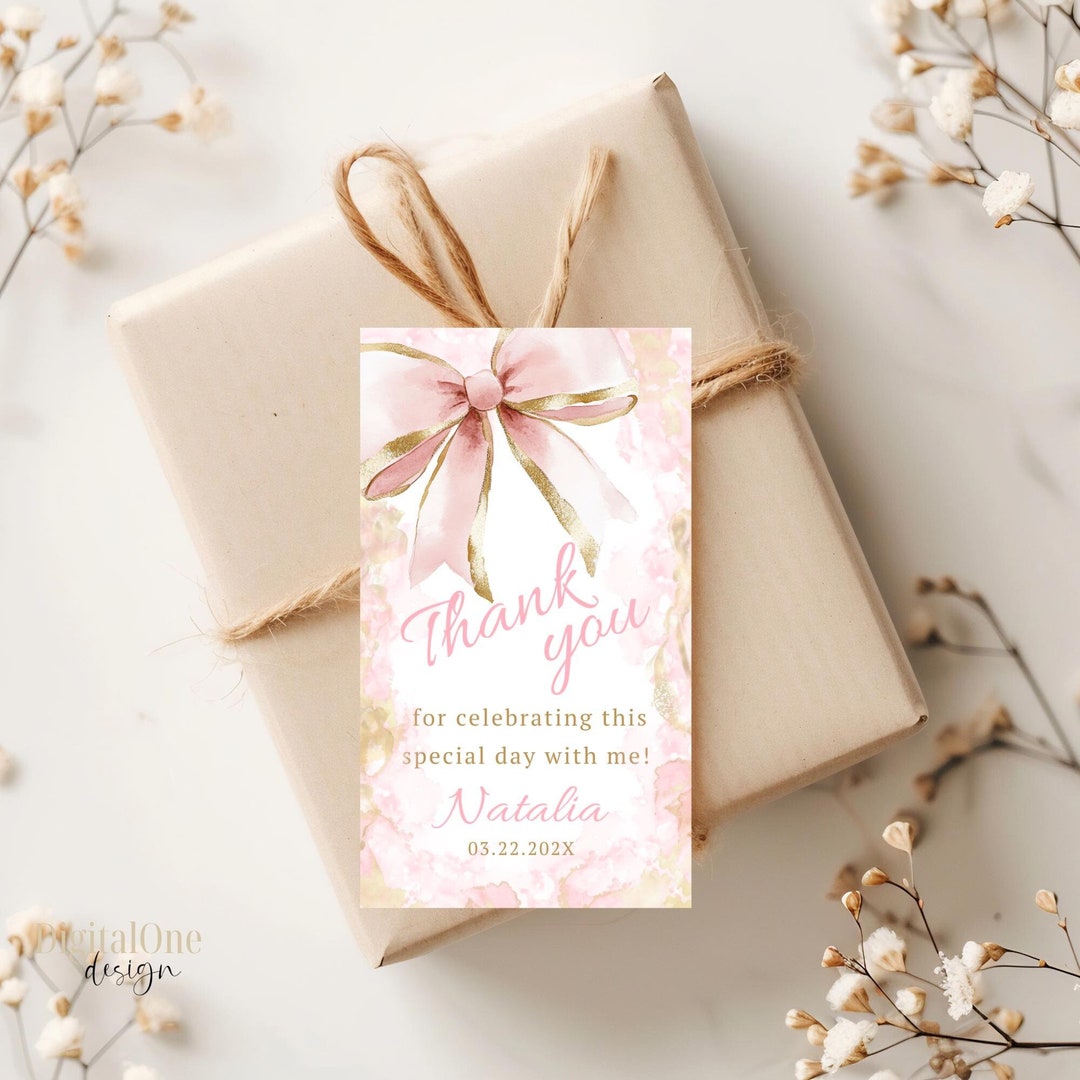 Elegant Pink Gold Bow Thank You Tag, Editable Coquette Pink Bow Favor ...