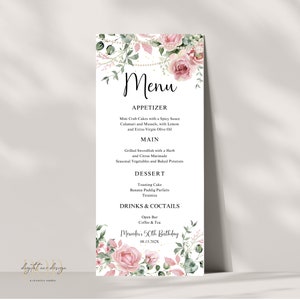 Elegant Birthday Menu Card Template, Pink Flowers & Pearls, Printable ...