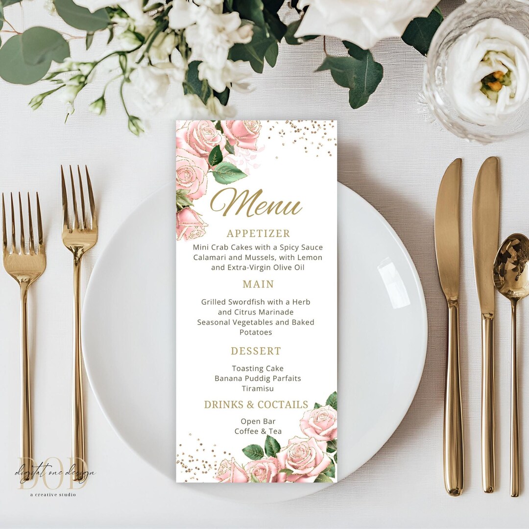Elegant Pink and Gold Roses Menu Card Template, Birthday, Baby Shower ...