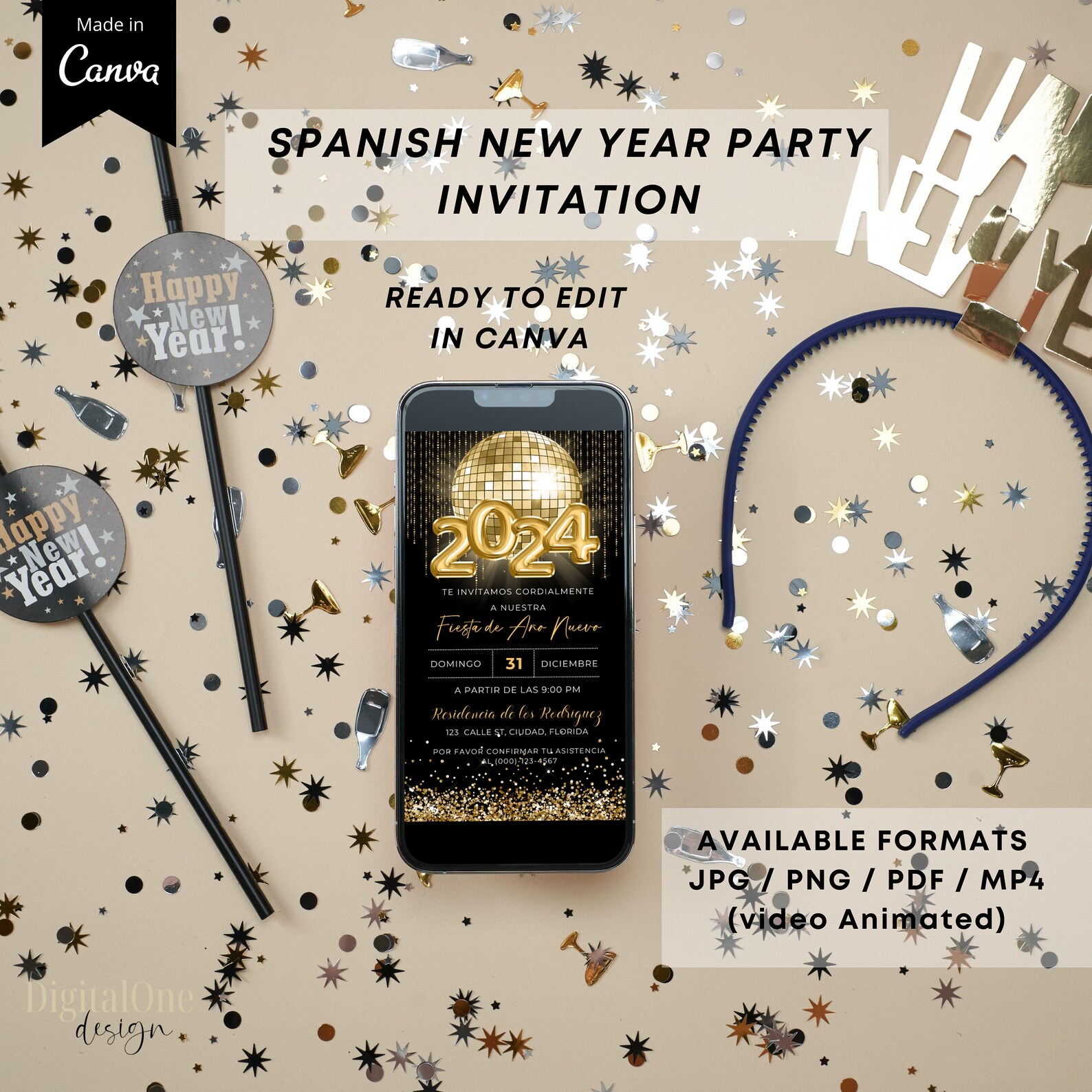 Spanish 2024 New Year Party Invitation, 2024 Party Invite Disco Ball ...
