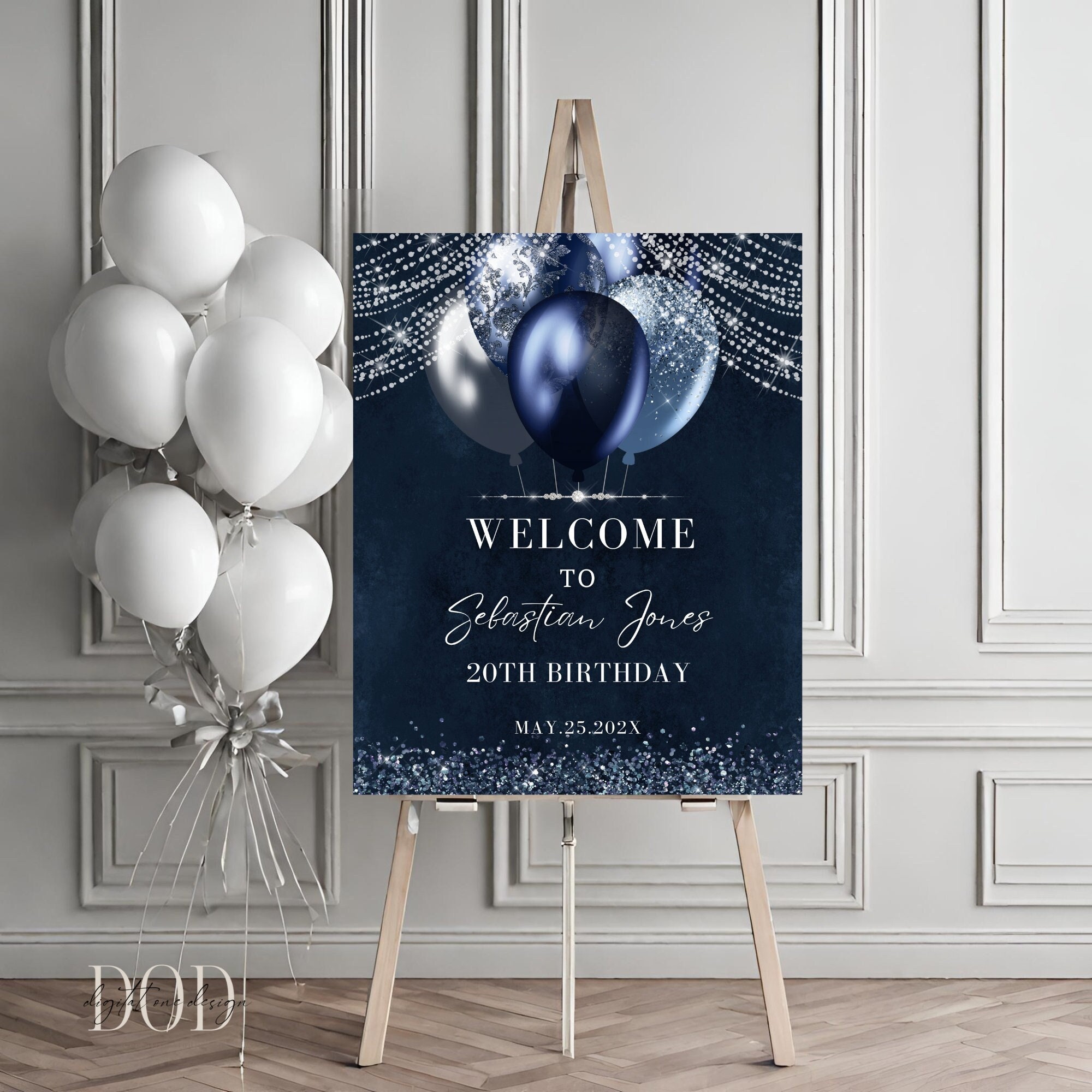 Editable Birthday Welcome Sign, Navy and Silver Balloon Design ...