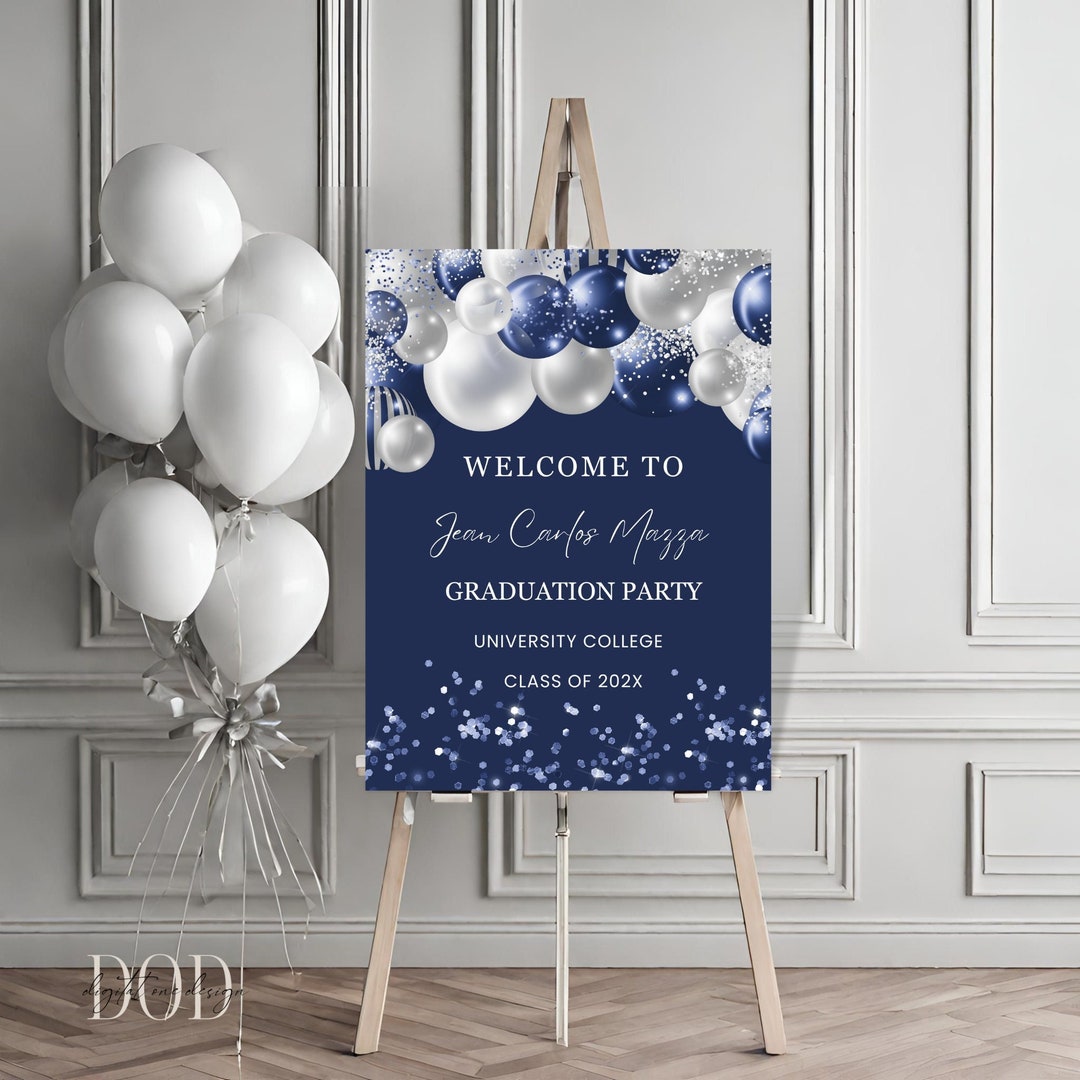 Navy & Silver Balloon Graduation Welcome Sign, Elegant Party Entrance ...