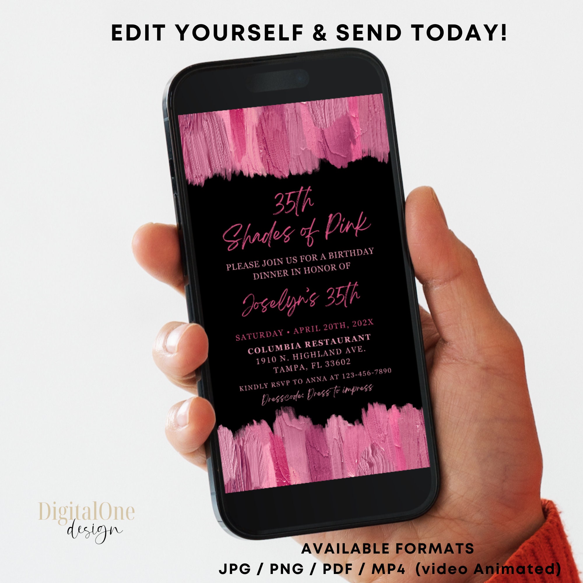 Digital Shades of Pink Birthday Dinner Invitation, Paint Brush Stroke ...