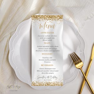 Editable White Gold Menu Card Template, Chic White Satin & Gold Glitter ...
