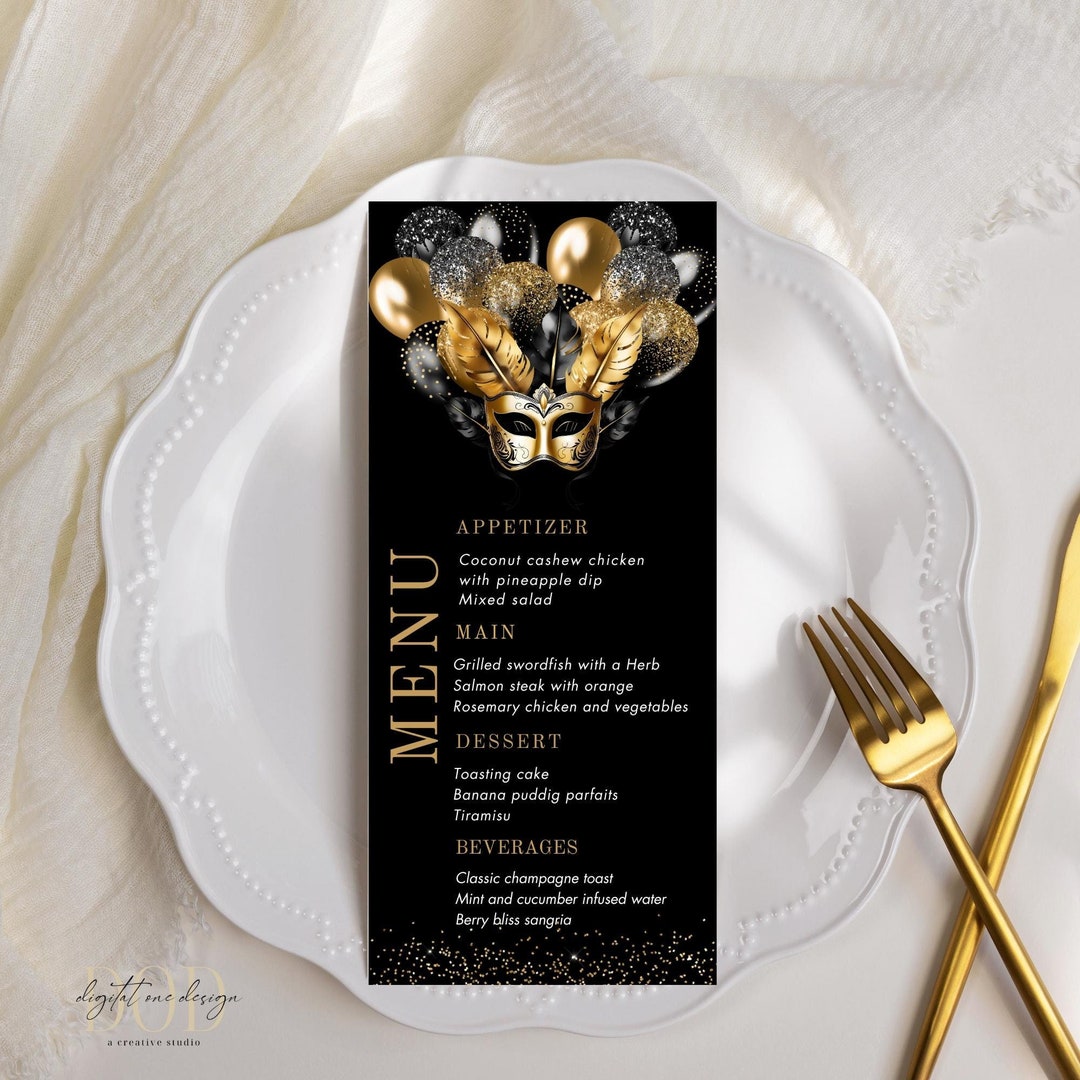 Editable Masquerade Menu Card Template, Gold Masquerade and Glitter ...