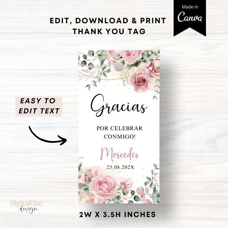 Floral & Pearls Thank You Tag, Gracias Por Celebrar Conmigo Tag ...