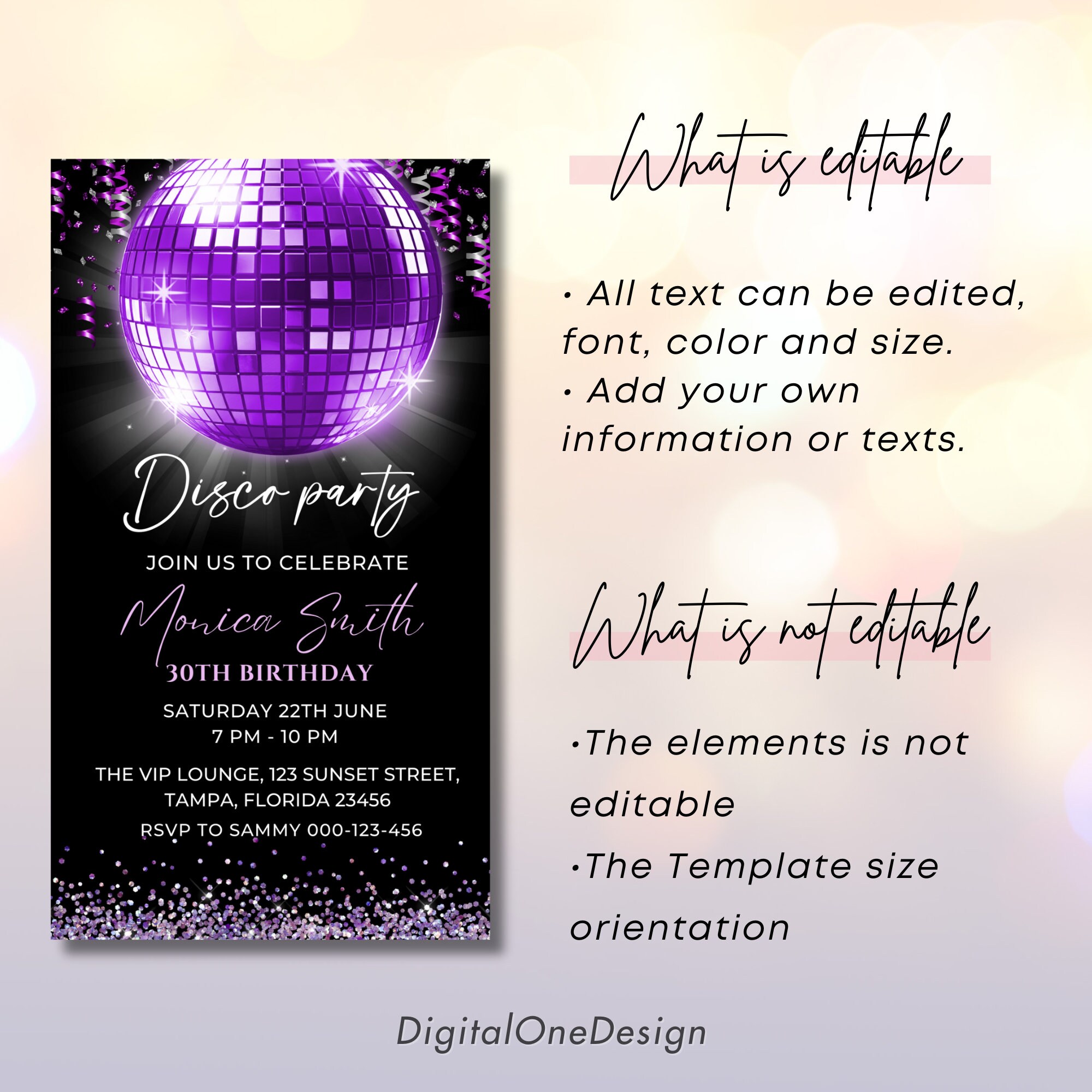 Editable Disco Ball Party Invitation, Purple Disco Ball Glitter, 70s ...