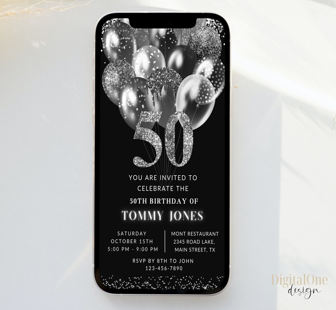 Electronic 50th Birthday Invitation, Black Silver Balloons Birthday ...