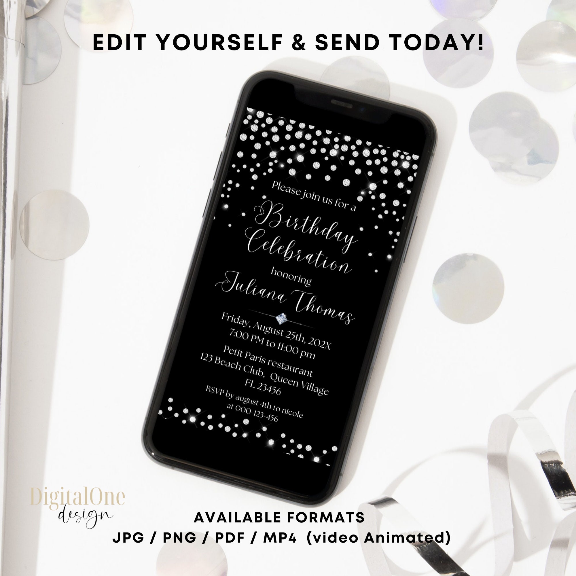 Elegant Diamond Birthday Invitation, Bling Silver Electronic Invite for ...