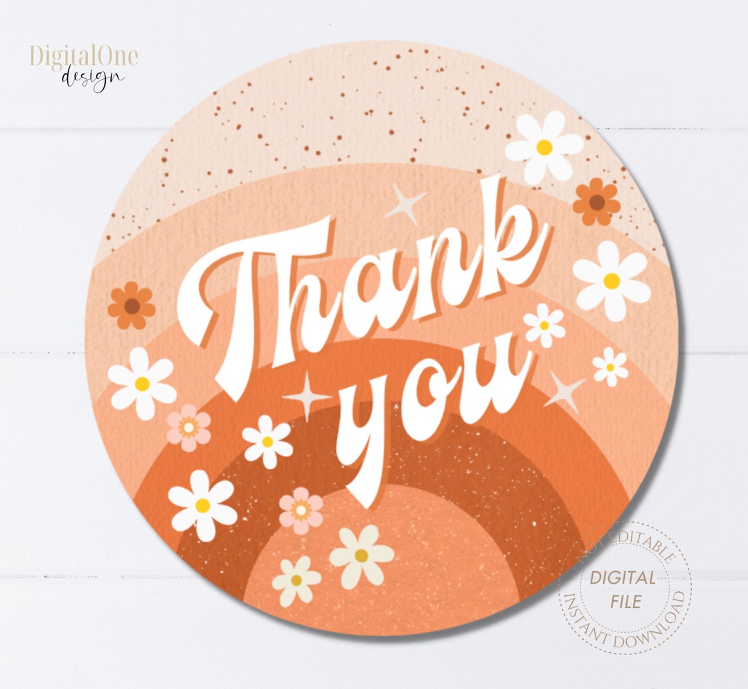 Printable Groovy Thank You Tag, Retro Hippie Rainbow Daisy, INSTANT ...