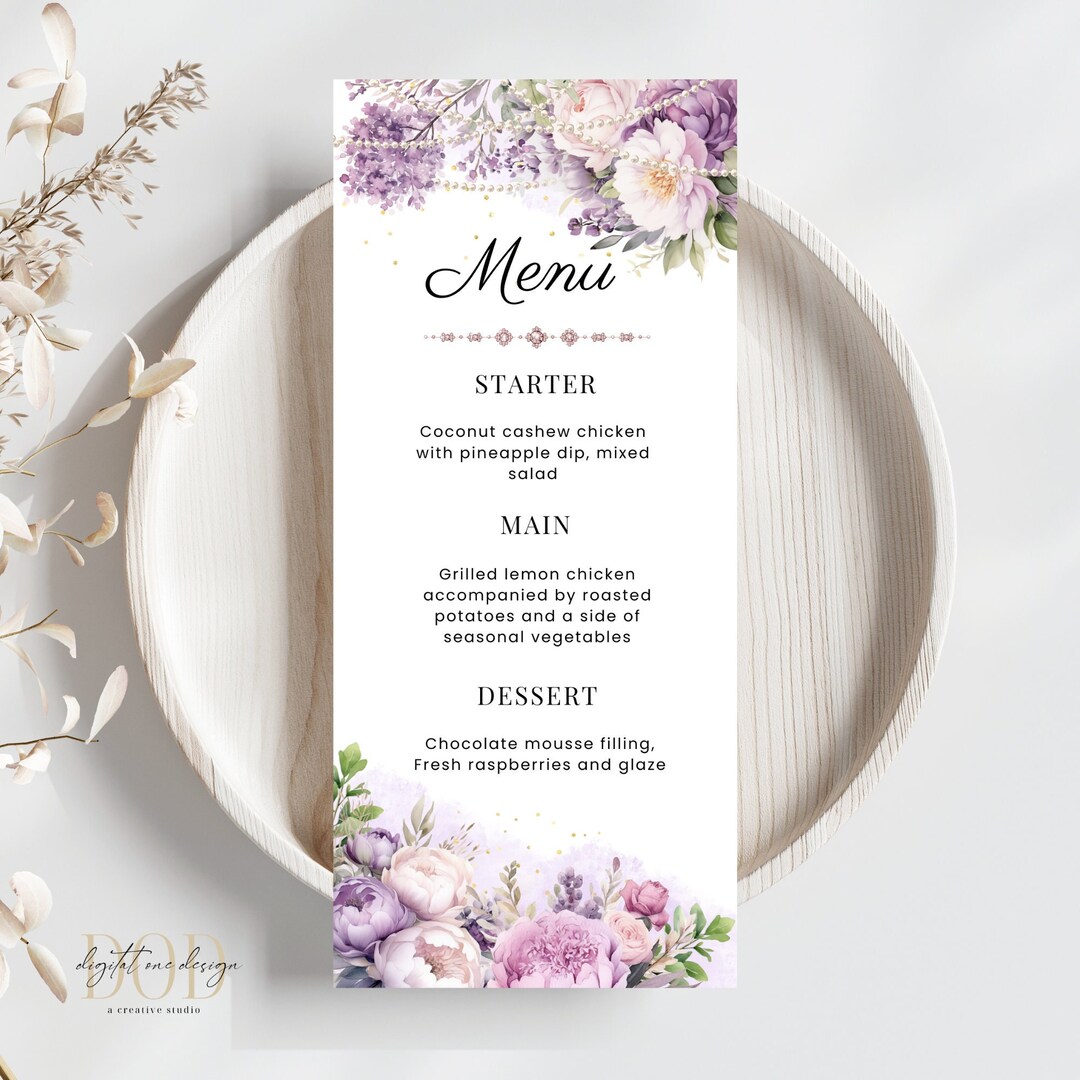 Elegant Menu Card Template, Purple Floral and Pearls Menu Card, Table ...