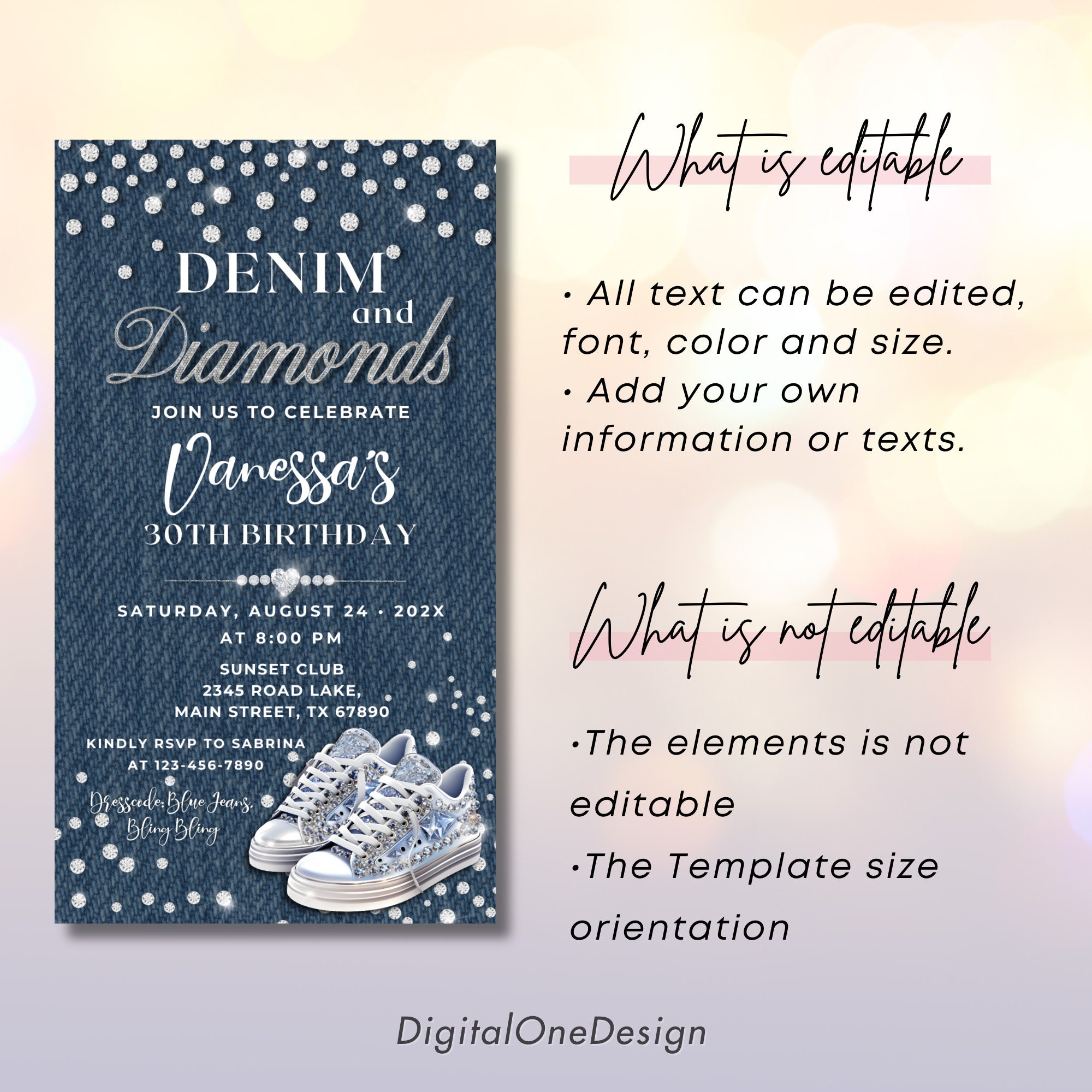 Denim and Diamonds Birthday Party Invitation, Chic Sneakers Glitter ...