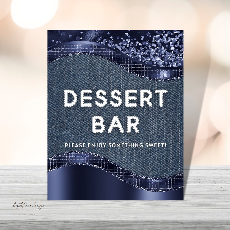 Denim Dessert Bar Printable Sign, Sweet Station Sign, Glitter Navy ...