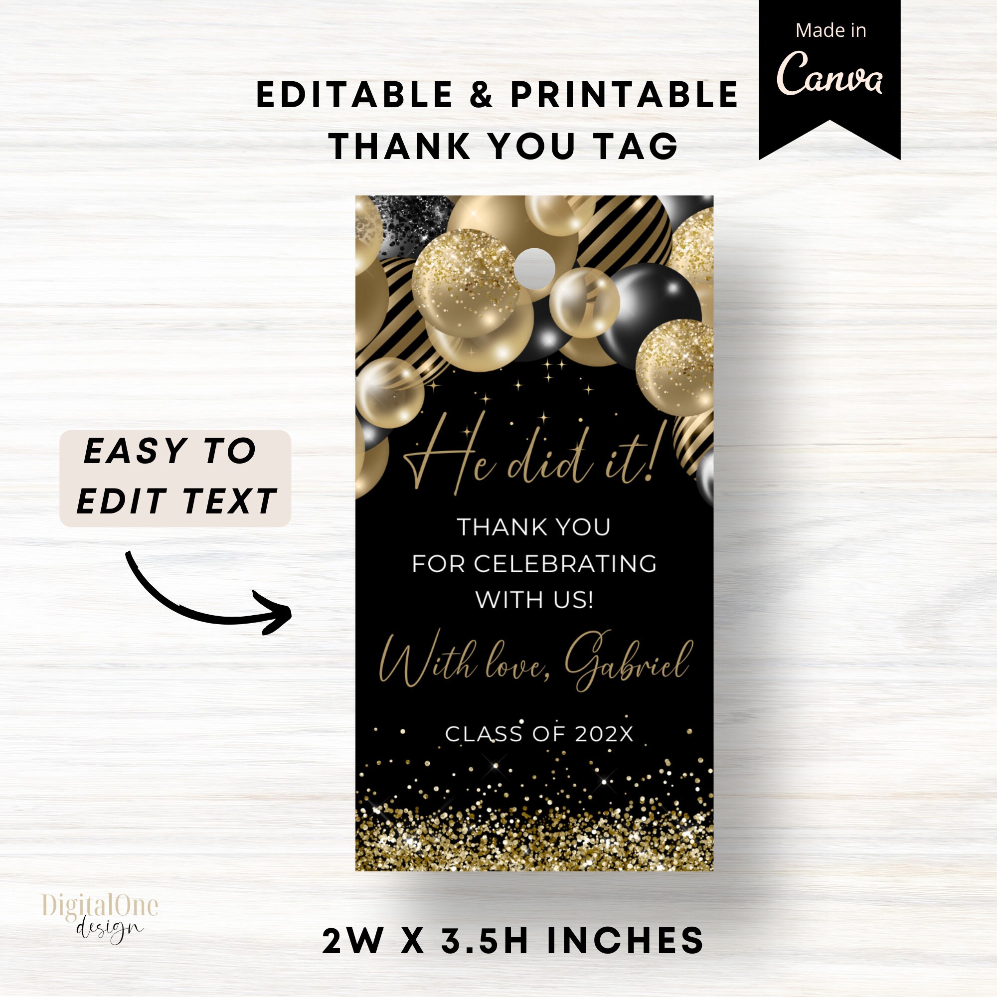 Graduation Thank You Tags Printable, Elegant Gold & Black Balloons ...