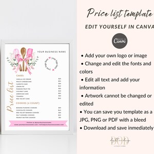 Editable Bakery Price List Template, Printable Price Guide for Cake ...