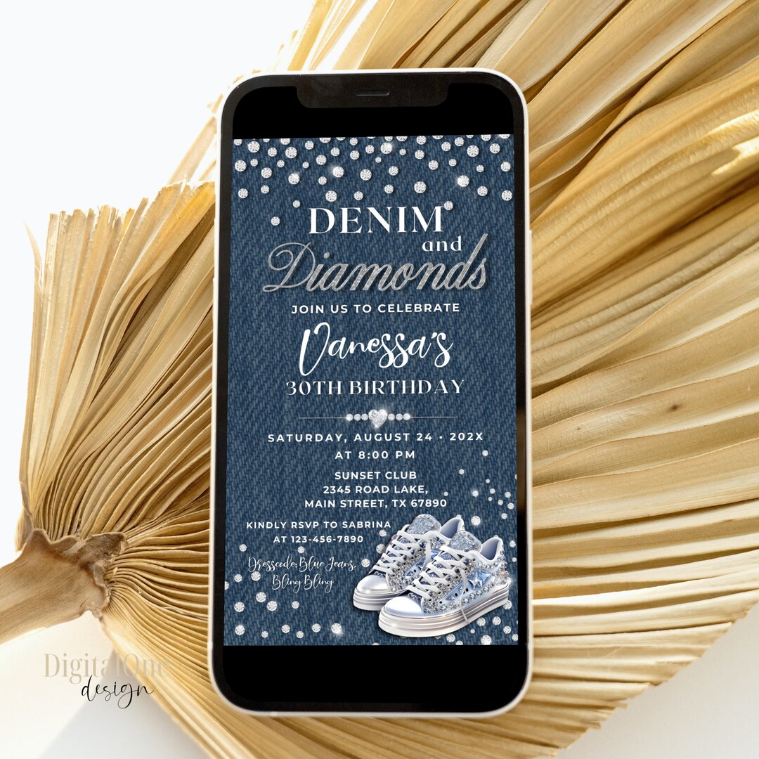 Denim and Diamonds Birthday Party Invitation, Chic Sneakers Glitter ...