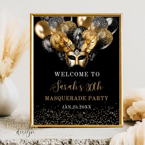 Black and Gold Masquerade Party Decorations, Editable Masquerade Sign ...