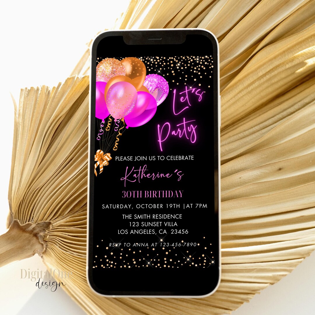 Digital Hot Pink and Orange Birthday Invitation, Colorful Balloons ...