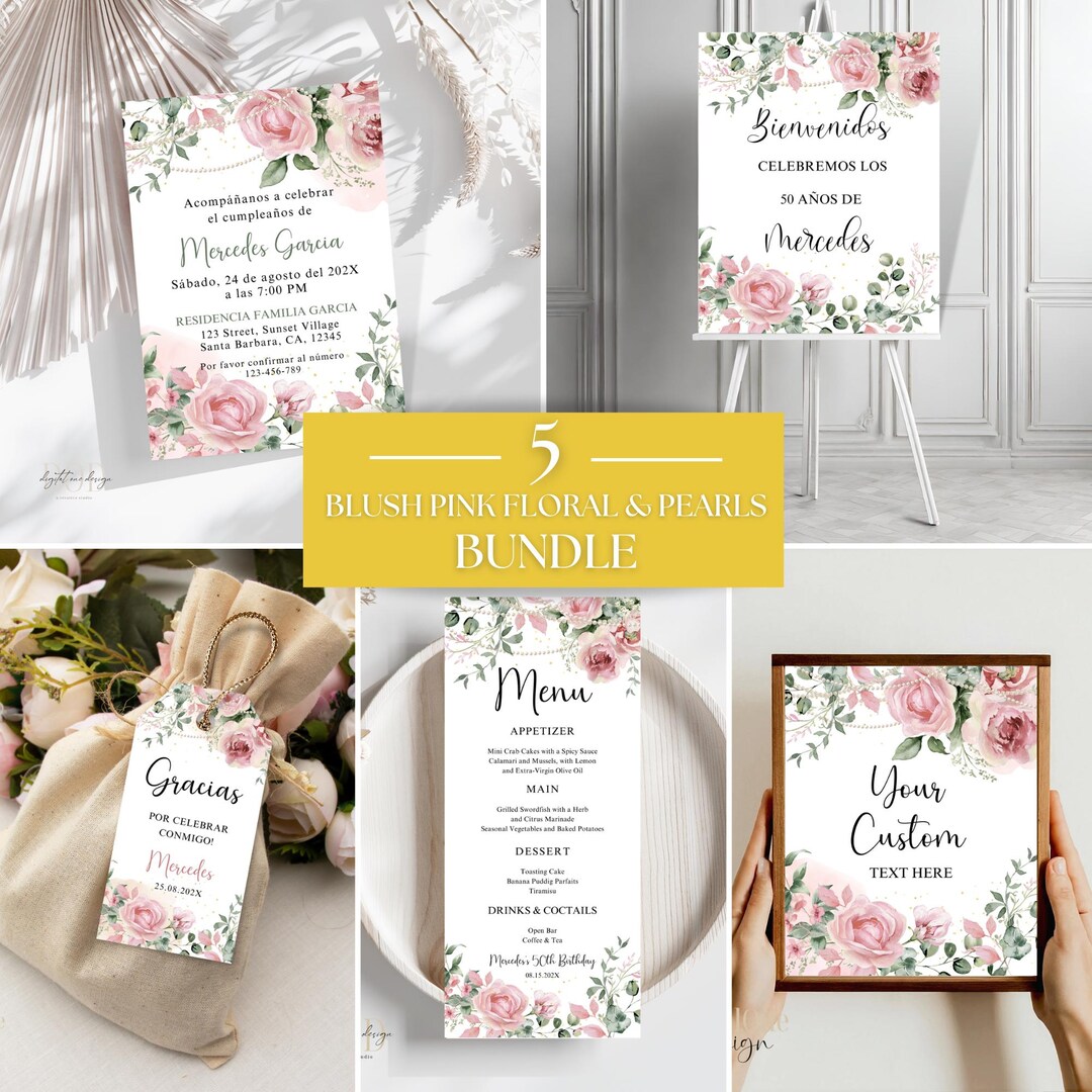 Spanish Blush Pink Floral & Pearls Birthday Invitation Bundle Printable ...
