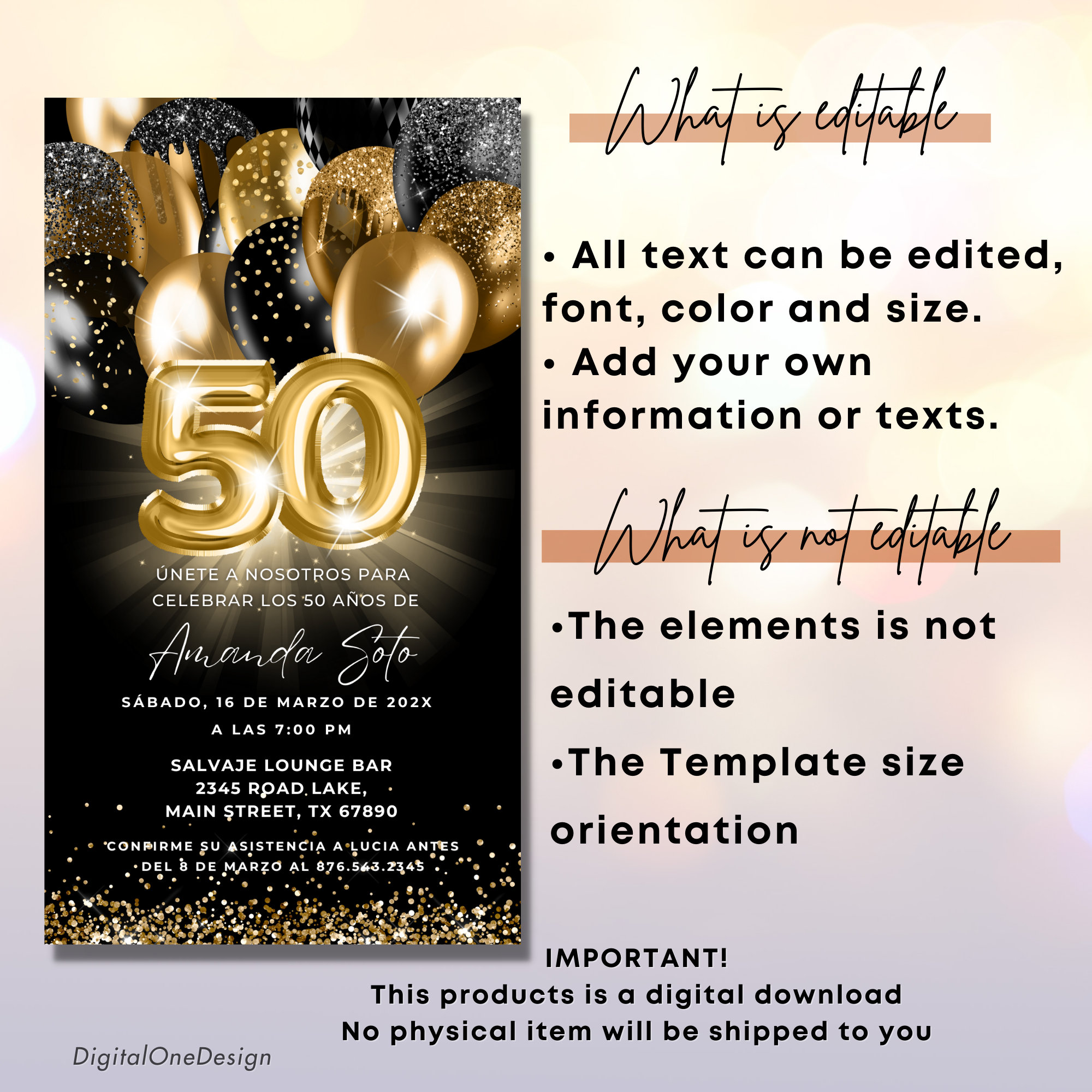 Spanish 50th Birthday Party Invitation, Cumpleaños 50 Años, Gold Black ...