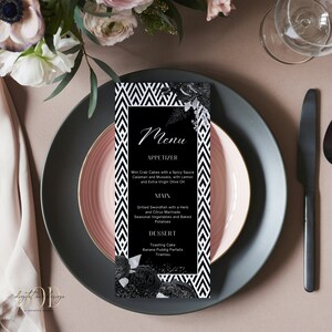 Editable Black and White Menu Card Template, Art Deco Abstract Black ...