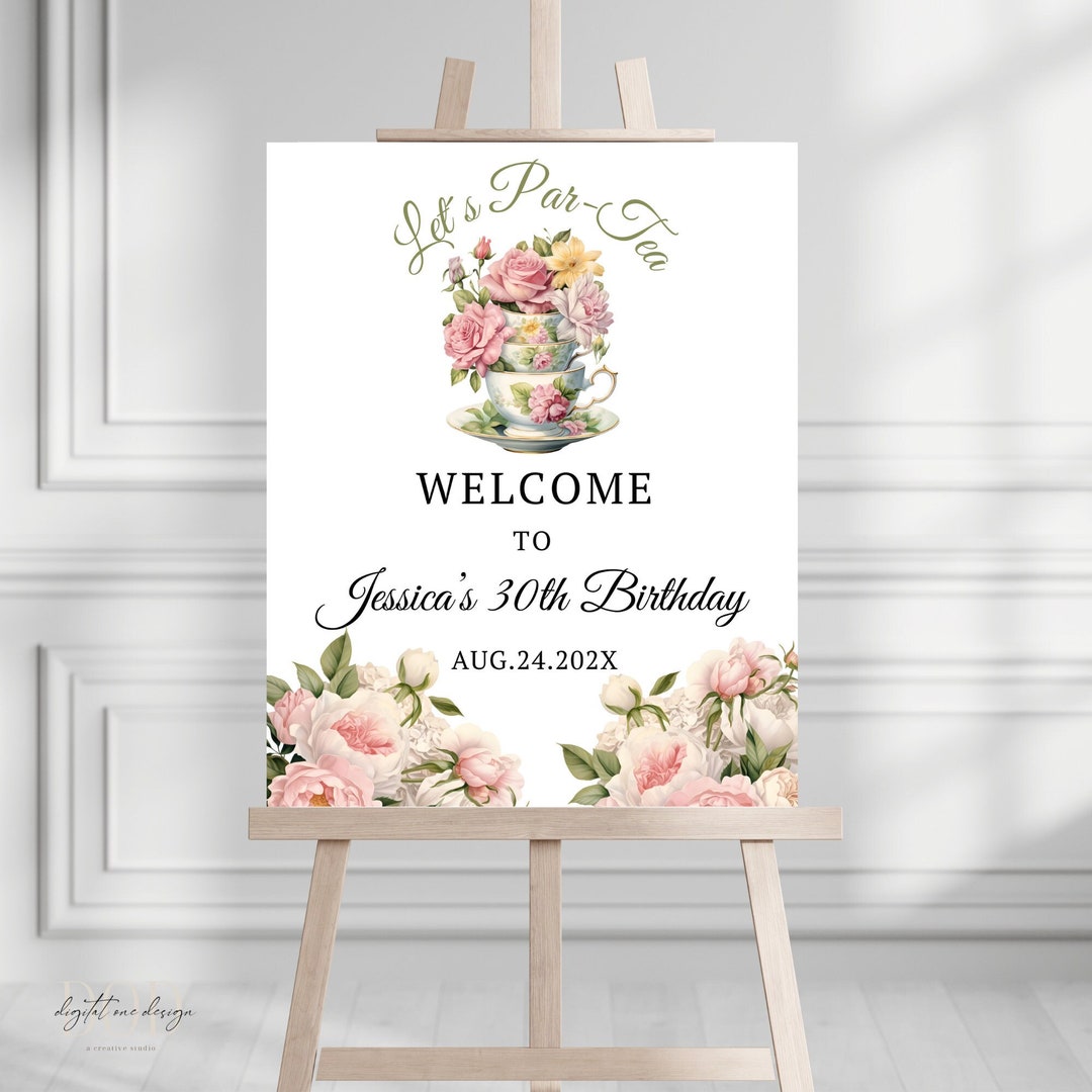 Editable Tea Party Welcome Sign, Elegant Birthday Party Decor, Let's ...
