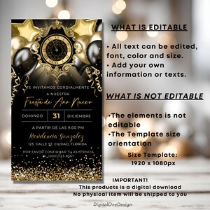 Spanish New Year's Party Invitation, Gold Glitter Balloons Clock ...