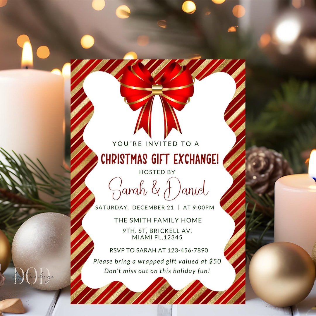 Editable Christmas Gift Exchange Invitation, Red & Gold Stripe Wave ...