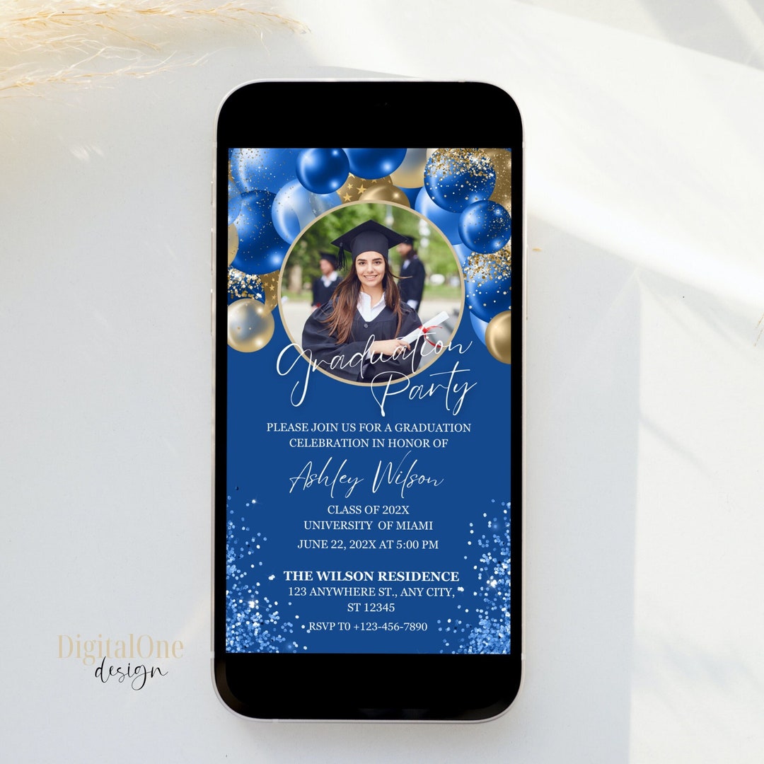 Graduation Party Photo Invitation, Royal Blue and Gold Balloons Theme ...