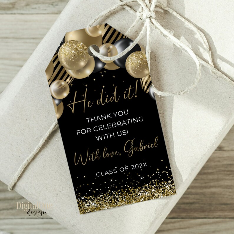 Graduation Thank You Tags Printable, Elegant Gold & Black Balloons ...