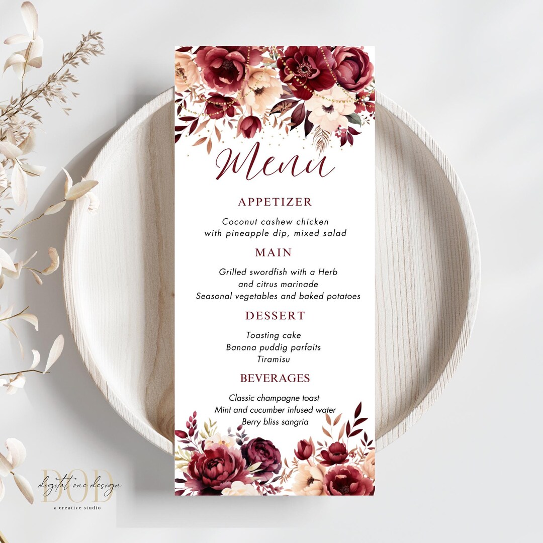 Editable Floral Menu Card, Burgundy and Blush Floral, Birthday Dinner ...