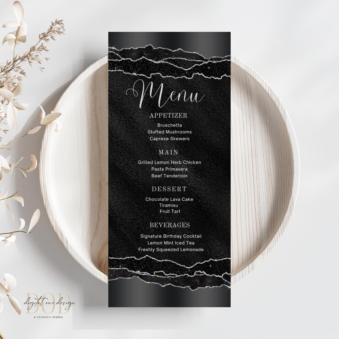 Editable Black and Silver Menu Card, Glam Glitter Design for Dinner ...